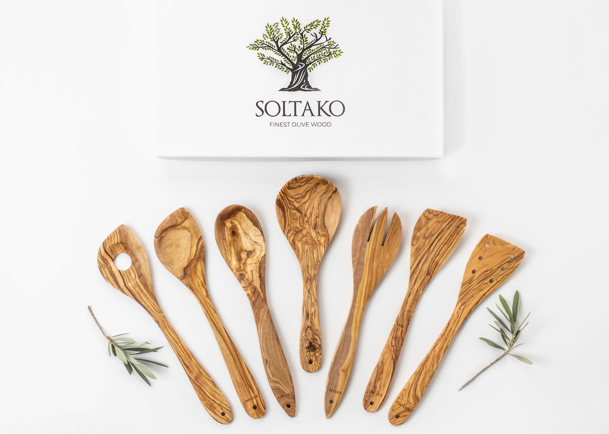 Soltako LE GOURMET - Lot de 7 Ustensiles de Cuisine en Bois d'Olivier ...